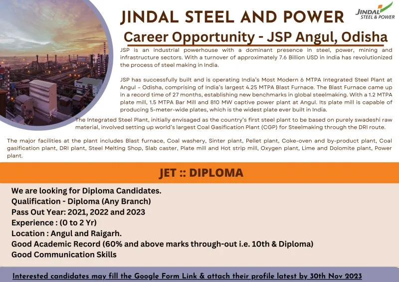 JSP Hiring for Diploma Candidates (Any Branch) | Angul, Raighar ...