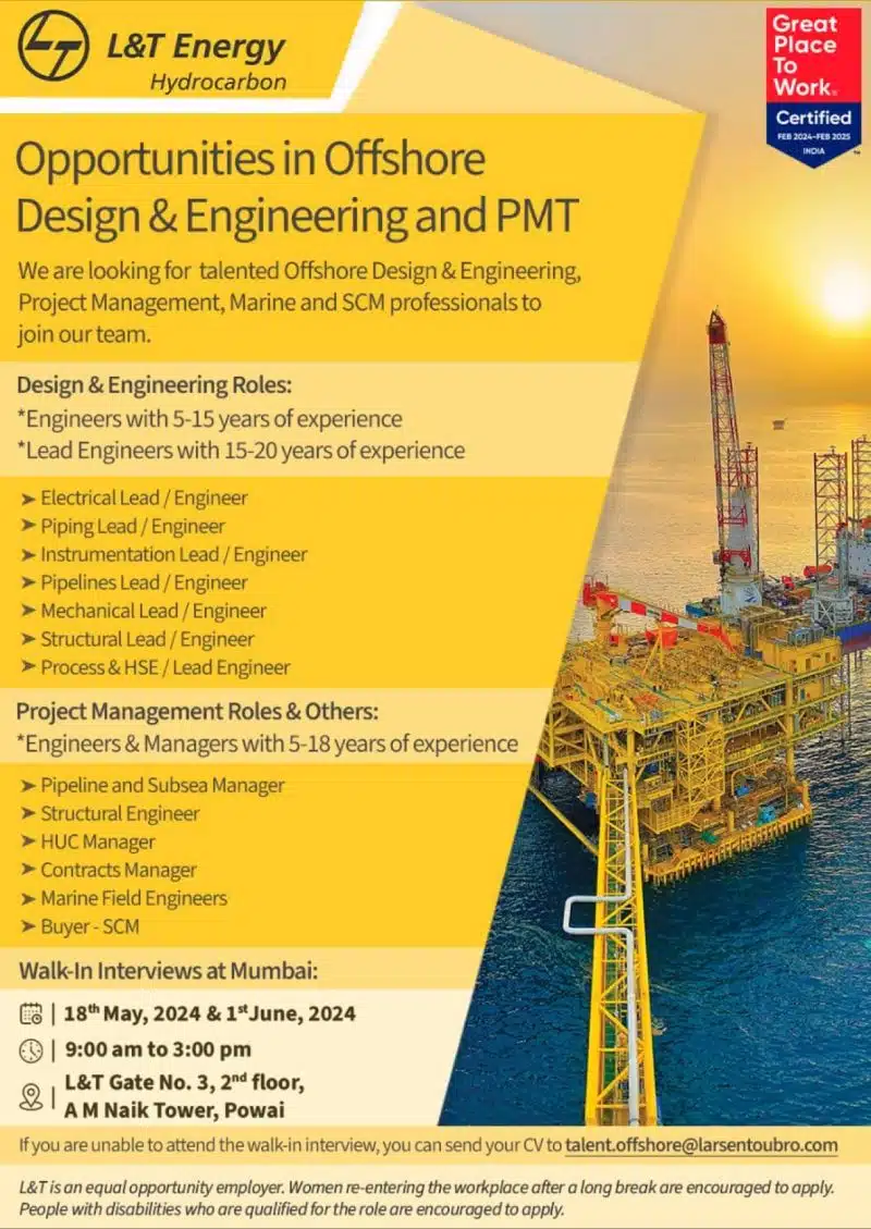 L&T Energy Hydrocarbon Mega Recruitment Drive | 15th May & 1st June 2024