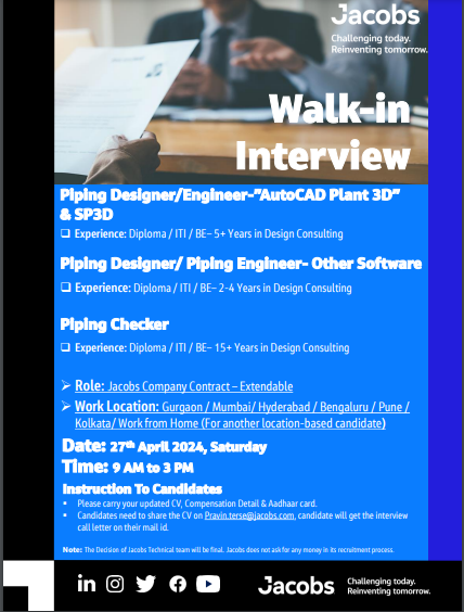 Walk-in at Jacobs on 27-04-2024 for Engineers and Designers | Gurgaon ...