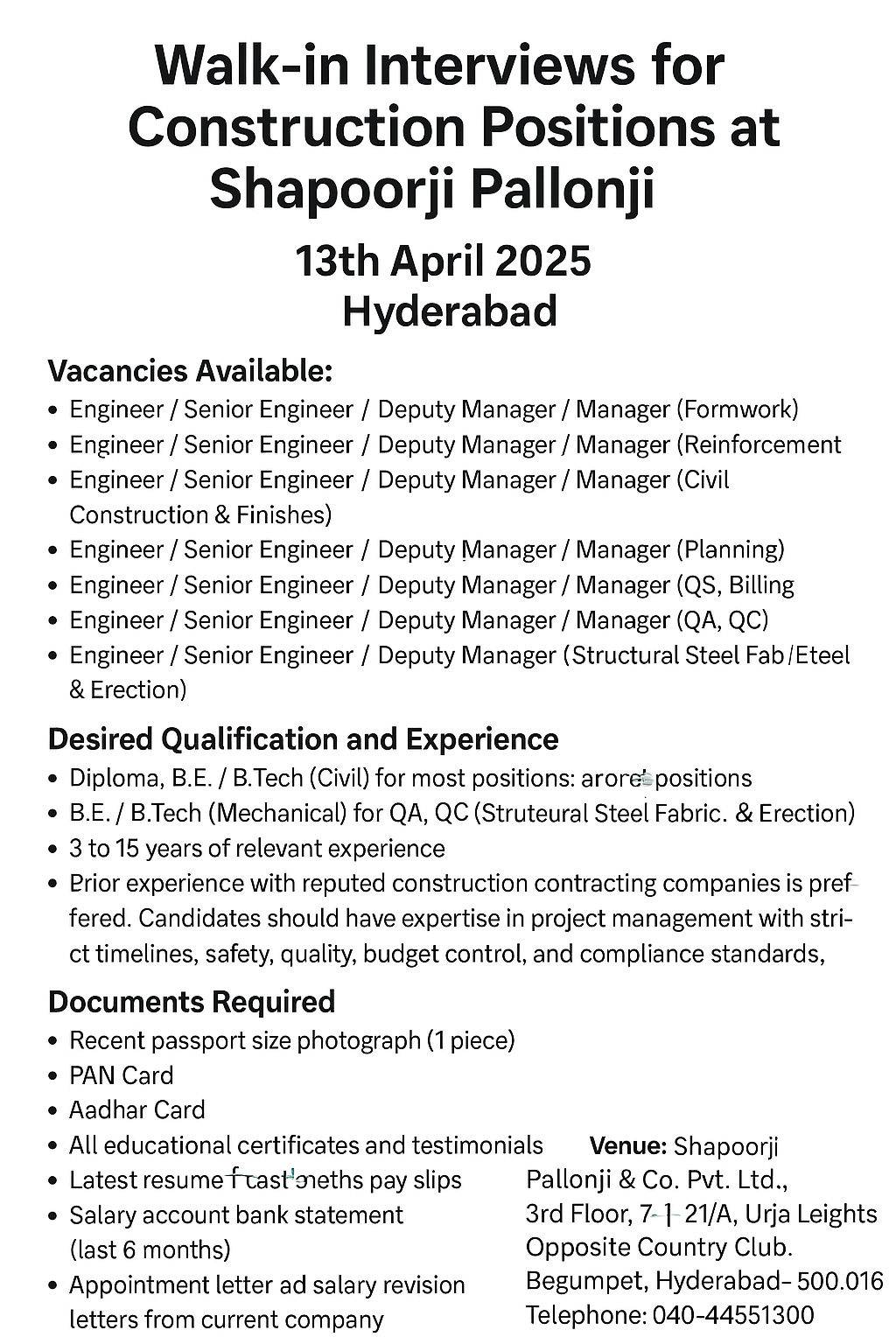 Walk-in Interviews at Shapoorji Pallonji for Construction Vacancies | 13 Apr 2025 | Hyderabad